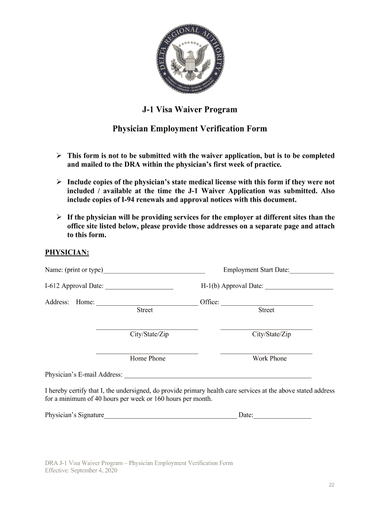 Fillable Online J-1 Visa Waiver Program Physician Employment Verification Form Fax Email Print ...