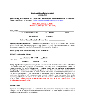 Fillable Online Lieutenant Exam Letter of Intent January 2021 You must ...