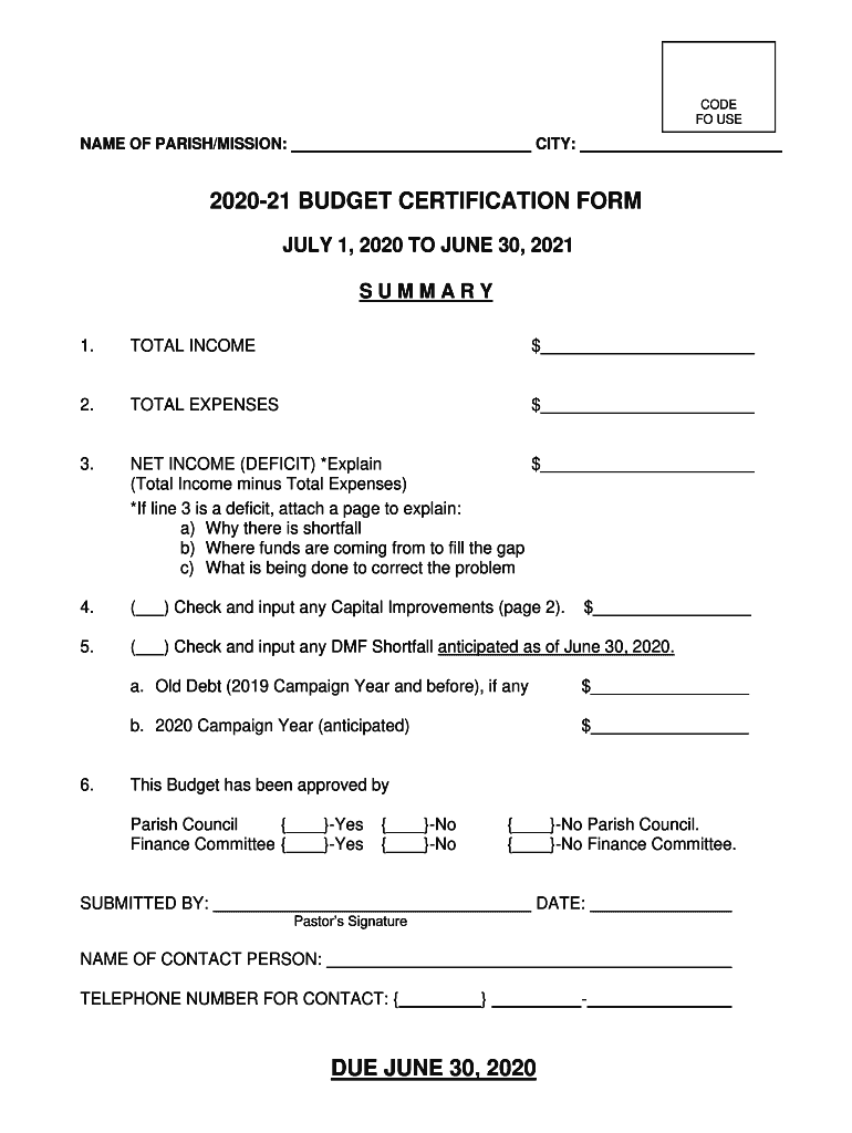 Fillable Online Parish Budget Certification Form - Diocese of Pueblo ...