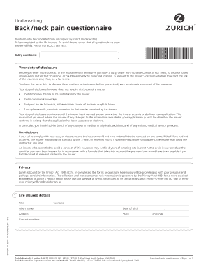 Fillable Online Zurich Australia Group Risk Back / Neck pain ...