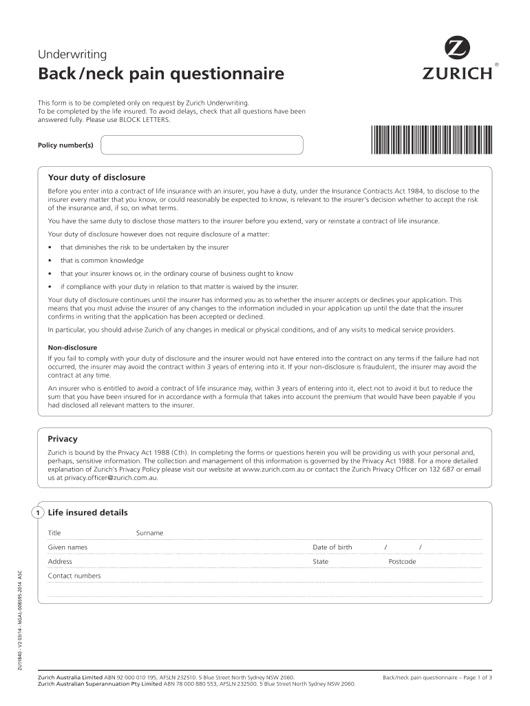 Fillable Online Zurich Australia Group Risk Back / Neck pain ...