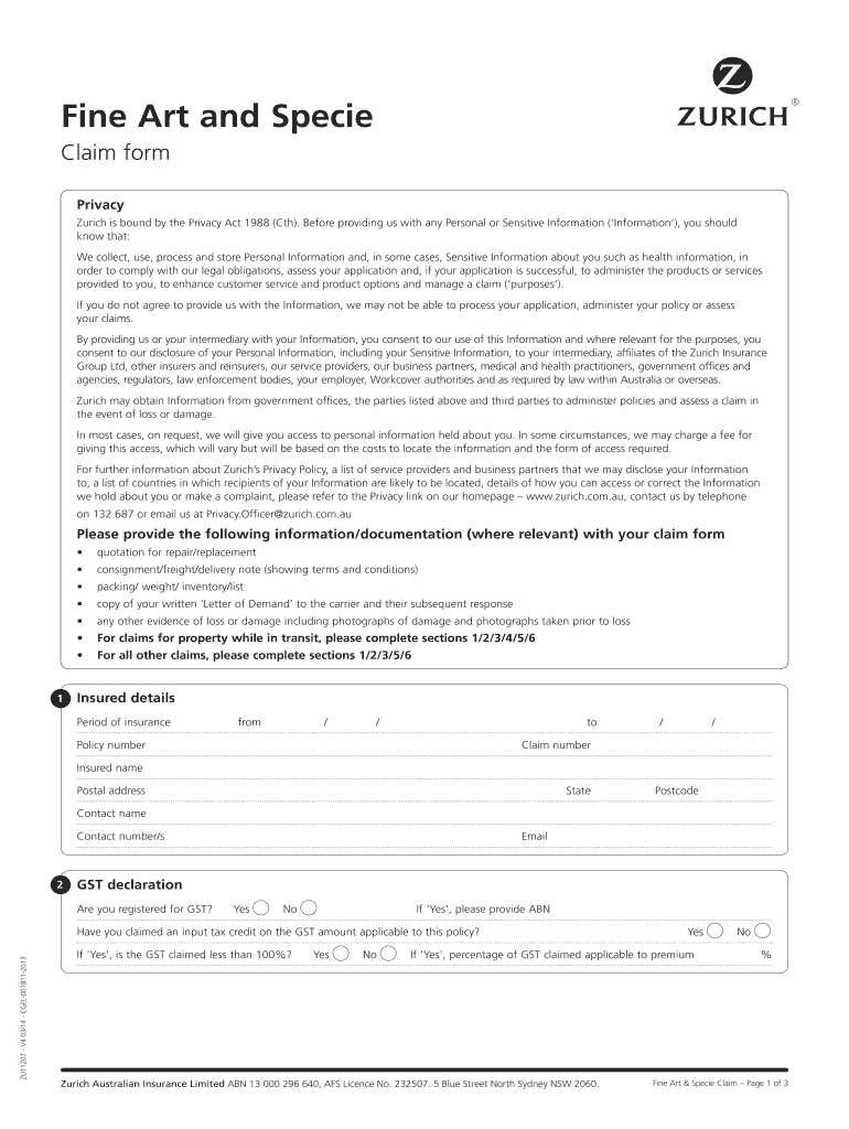 Fillable Online Fine Art & Specie Claim Form - Zurich Fax Email Print ...