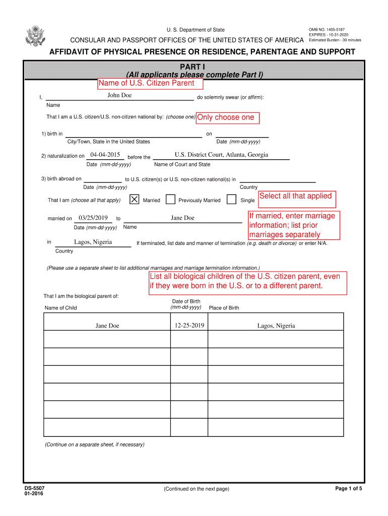 Fillable Online ng usembassy DS-5507 Affidavit of Physical Presence or ...