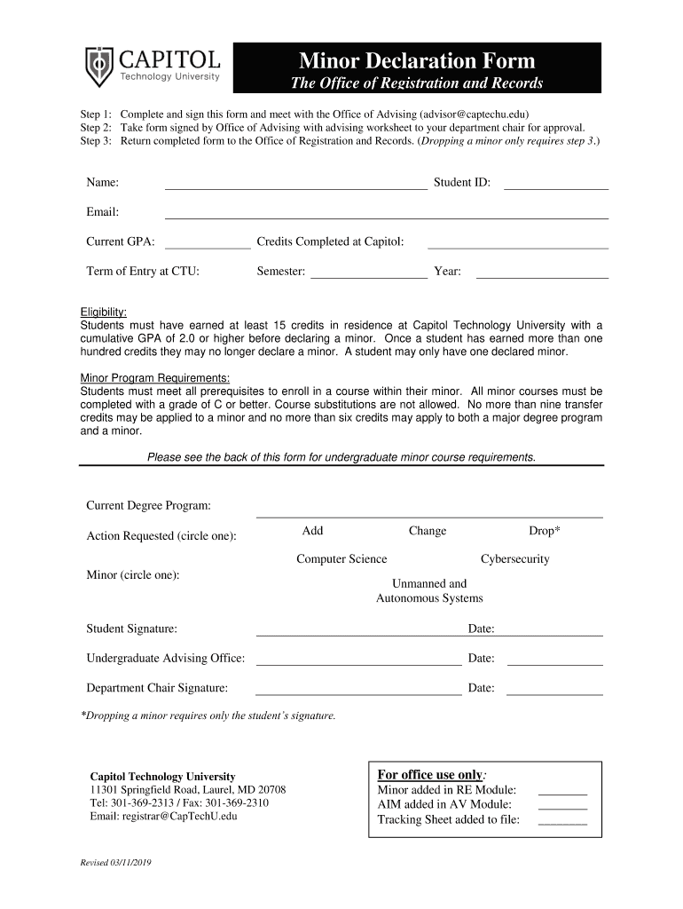 Fillable Online mycapitol captechu Minor Declaration Form - MyCapitol ...