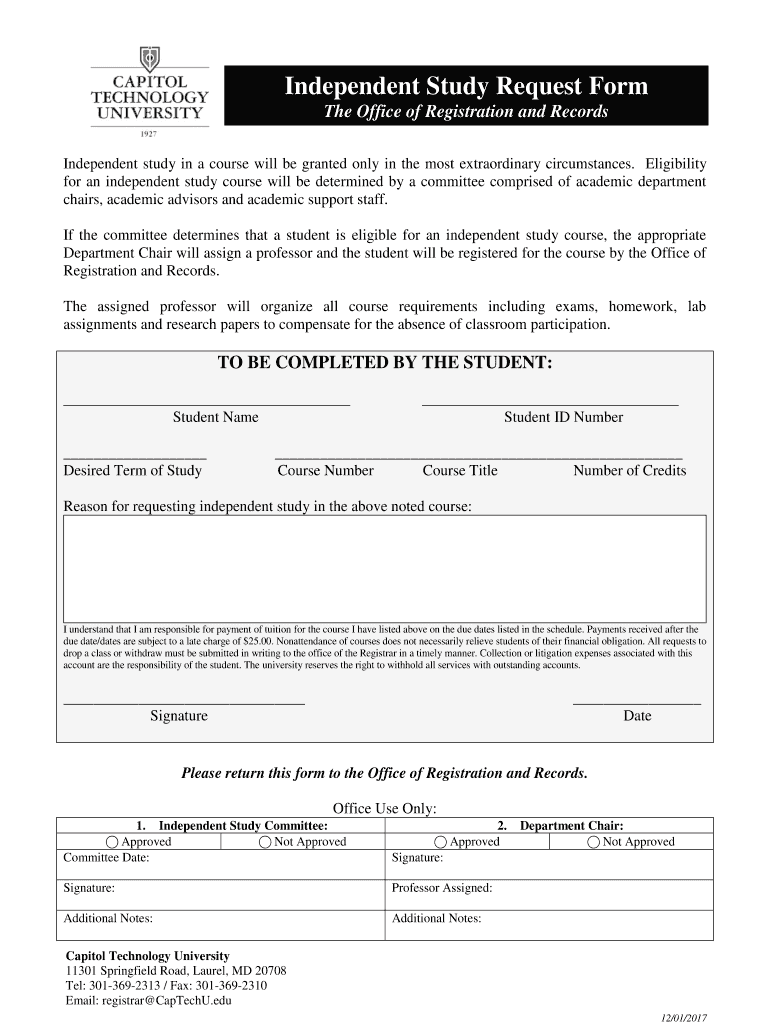 Fillable Online mycapitol captechu INDEPENDENT STUDY FORM (first draft ...