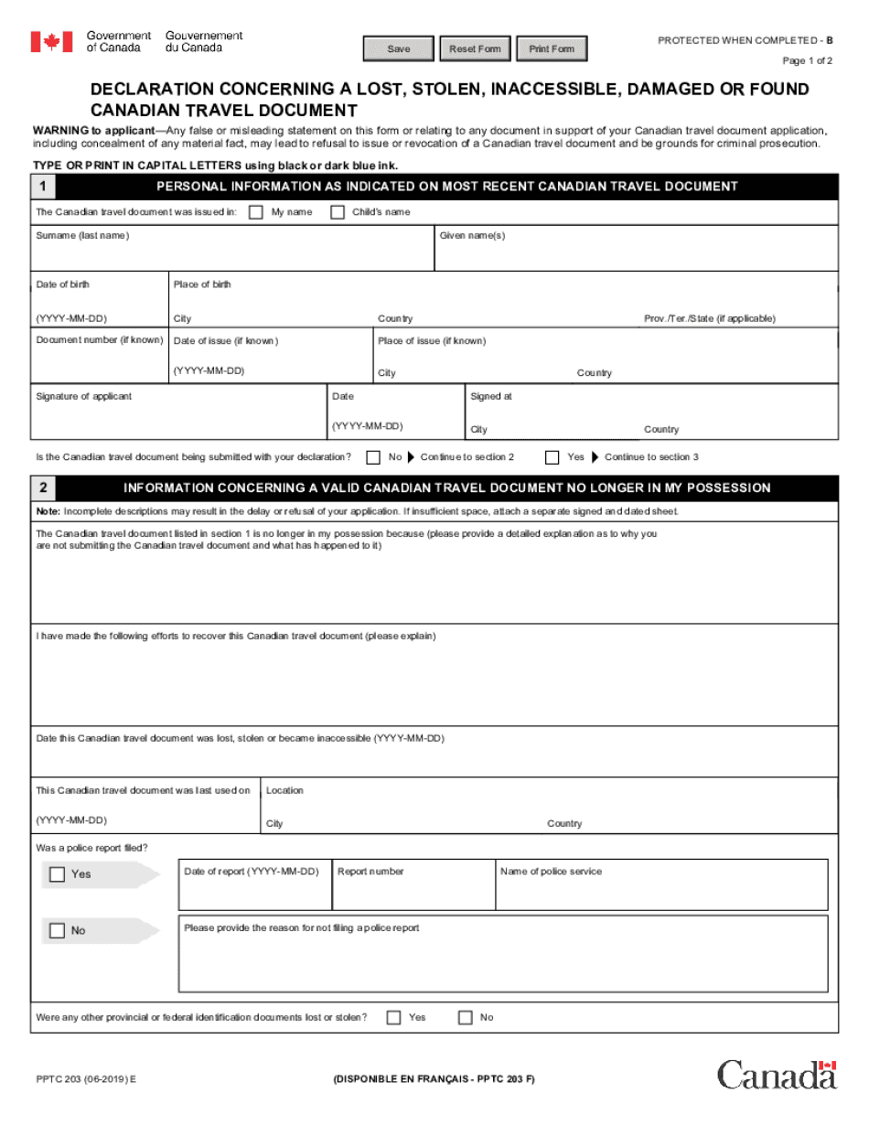 Canada PPTC 203 2019 2022 Form Printable Blank PDF Online