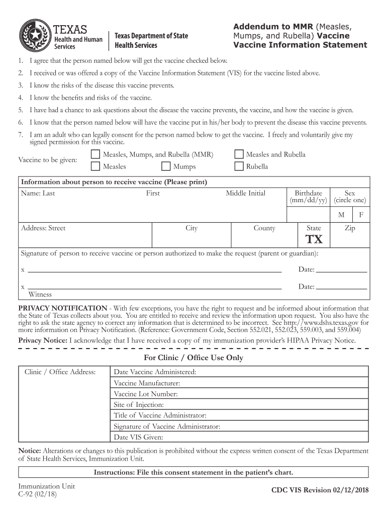Fillable Online Measles, Mumps, & Rubella (MMR) VIS Addendum Fax Email ...