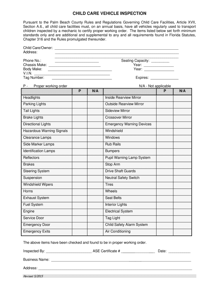 Fillable Online DOH Palm Beach CHILD CARE VEHICLE INSPECTION. DOH Palm Beach CHILD CARE VEHICLE ...