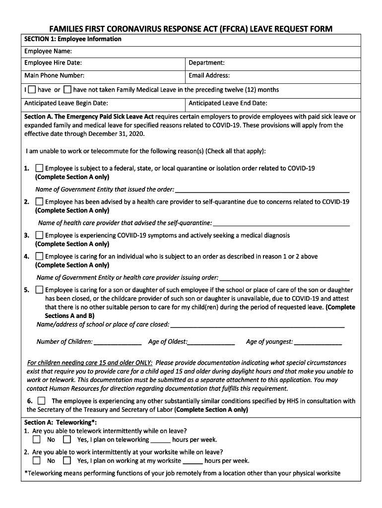 Fillable Online FAMILIES FIRST CORONAVIRUS RESPONSE ACT (FFCRA) LEAVE ...