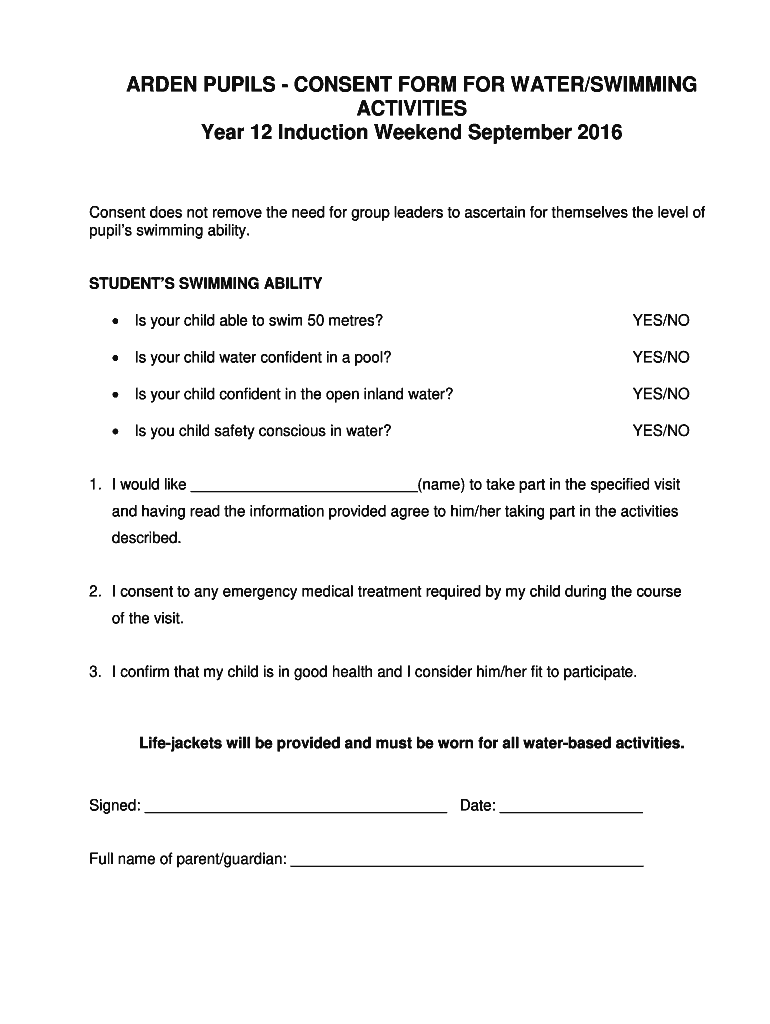 Fillable Online CONSENT FORM FOR SWIMMING ACTIVITIES OR ACTIVITIES ...