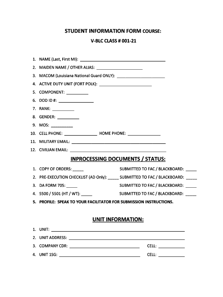STUDENT INFORMATION FORM COURSE: INPROCESSING ... - Fill and Sign ...
