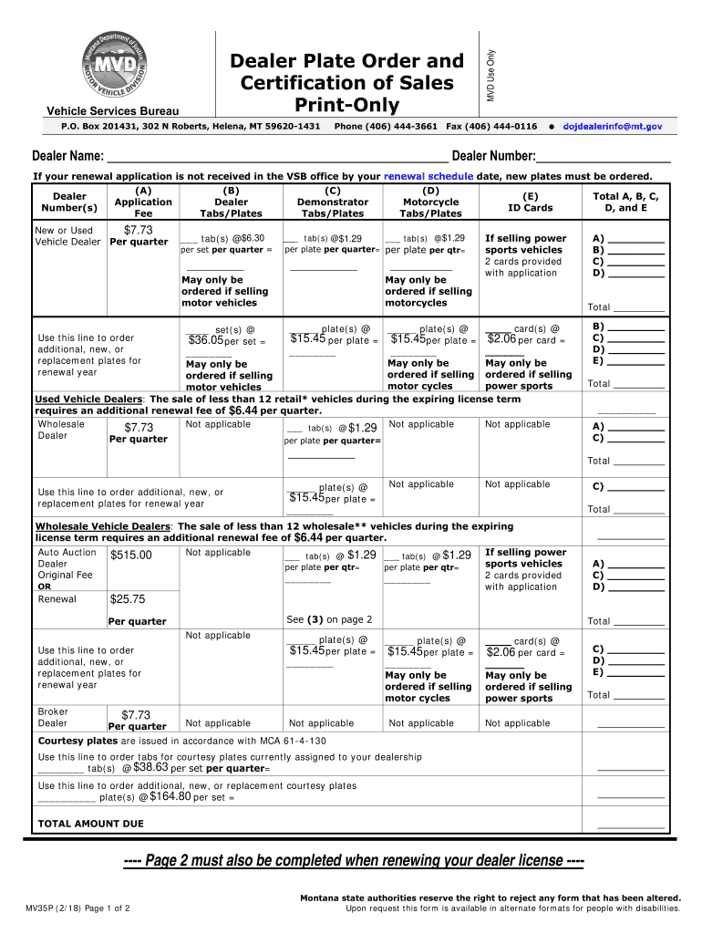 Fillable Online Print-Only Dealer Plate Order and Certification of ...