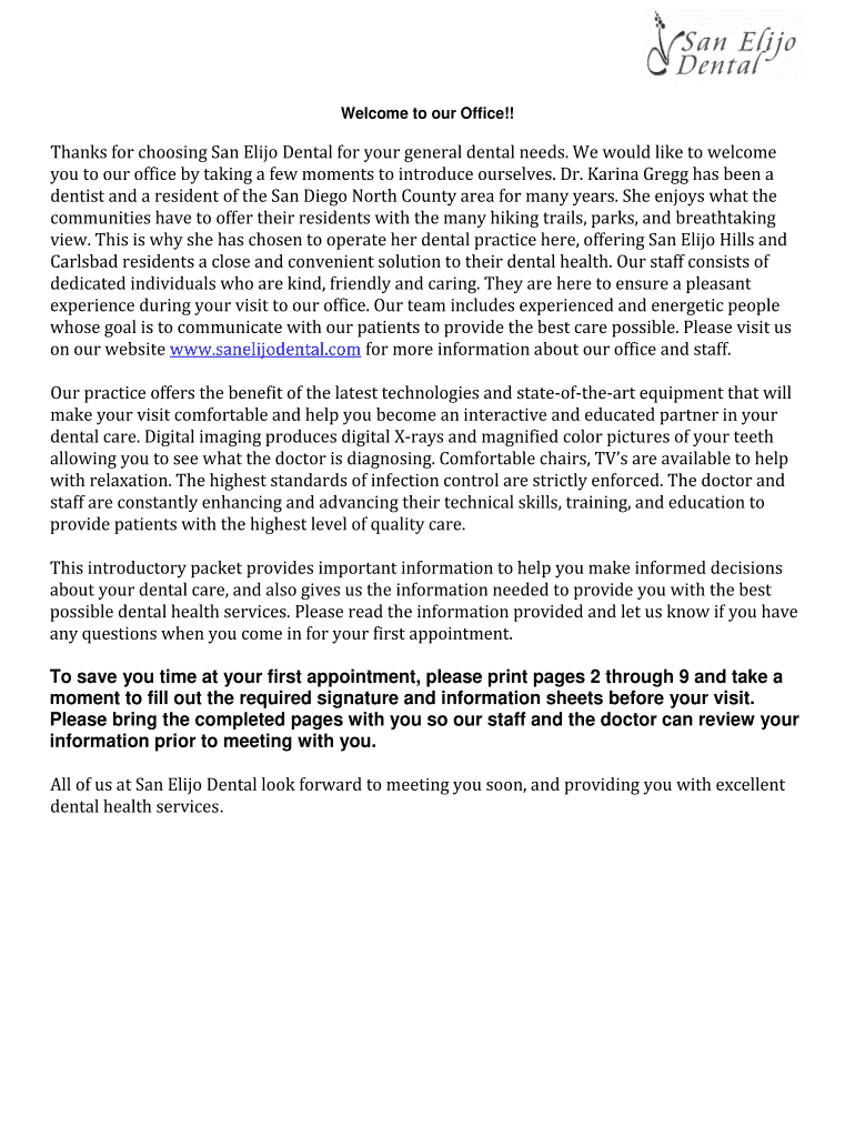 Fillable Online Thanks for choosing San Elijo Dental for your general ...