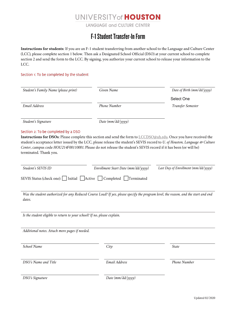 Fillable Online F-1 Student Transfer-In Form.docx Fax Email Print - pdfFiller