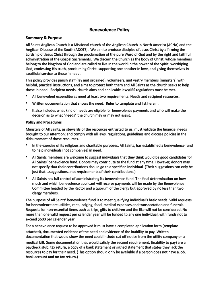 Fillable Online Benevolence Church Policy and Procedure - Free Church ...