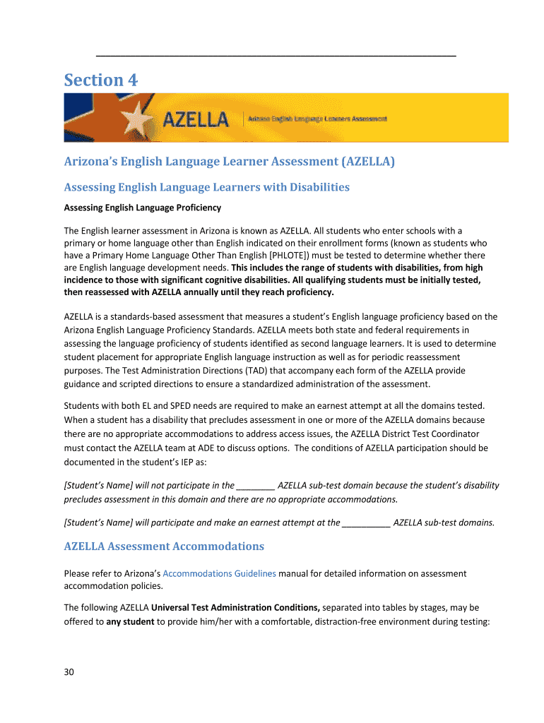 Fillable Online Arizonas English Language Learner Assessment (AZELLA ...
