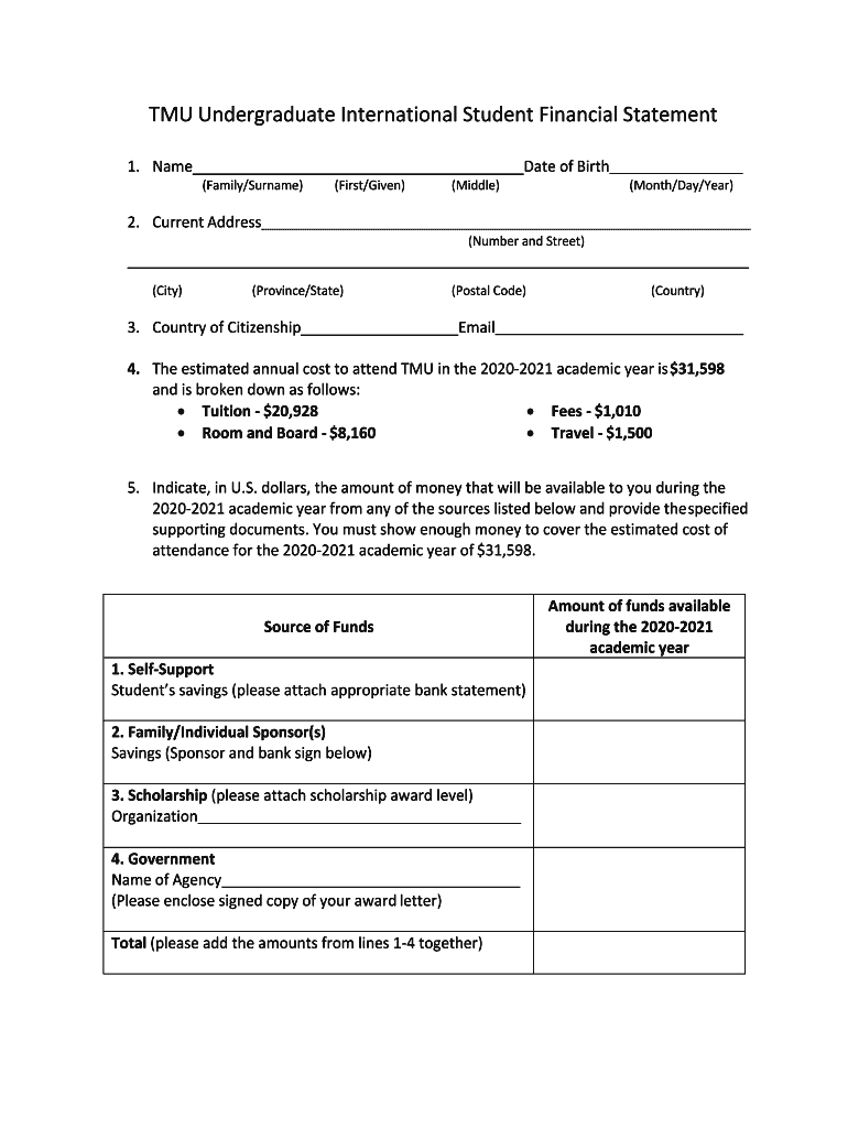 Fillable Online TMU International Student Financial Statement Fax Email ...