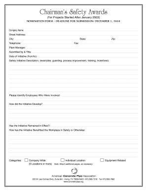 Fillable Online concrete-pipe Chairman Safety Award Nomination Form ...