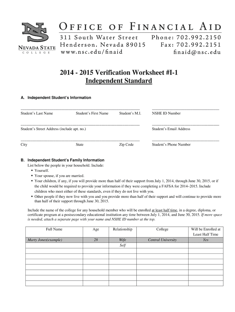 Fillable Online nsc nevada 2014 - 2015 Verification Worksheet #I-1 Fax Email Print - pdfFiller