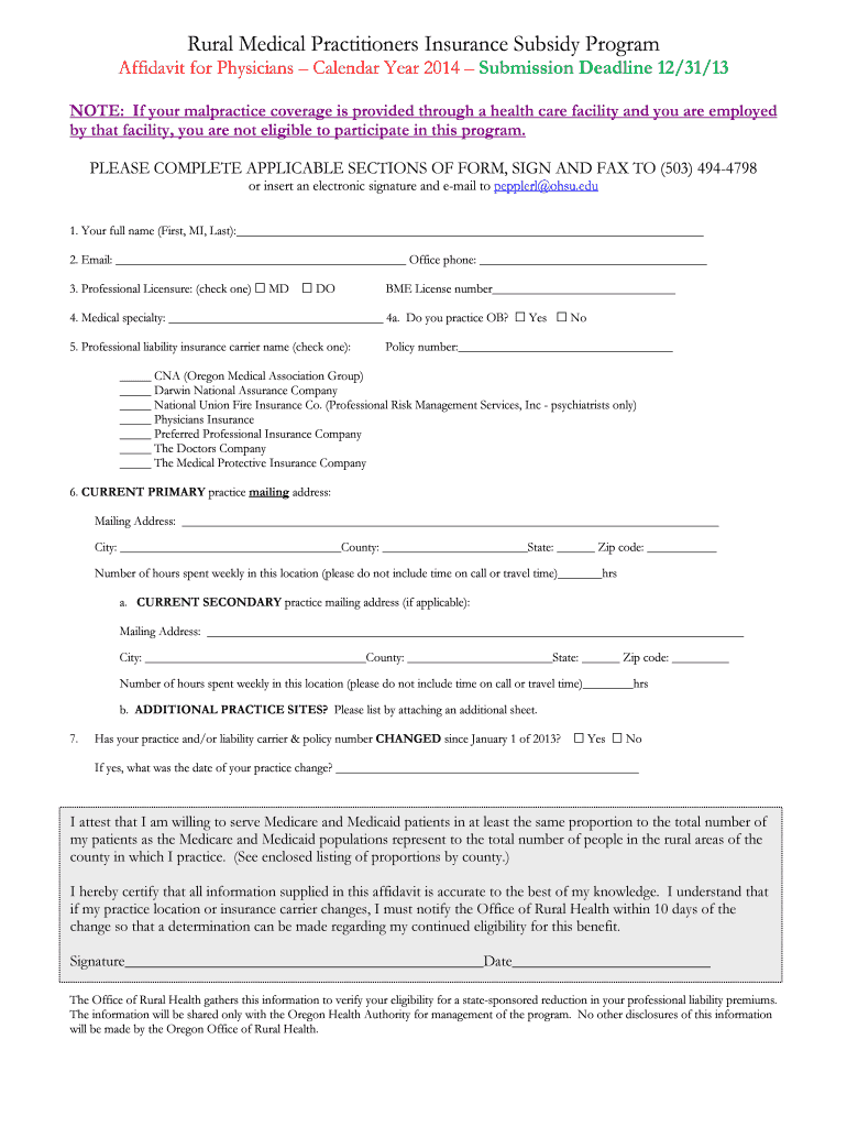 Fillable Online ohsu Rural Medical Practitioners Insurance Subsidy Program Fax Email Print ...