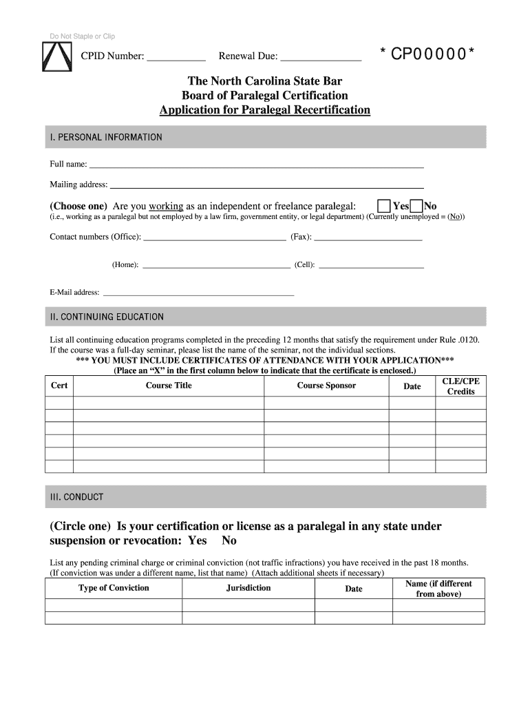 Fillable Online nccertifiedparalegal Blank Recertification Application ...