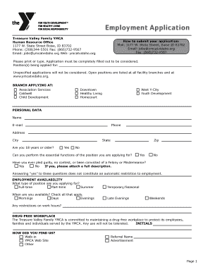 Fillable Online ymcatvidaho Employment Application - Treasure Valley YMCA Fax Email Print ...