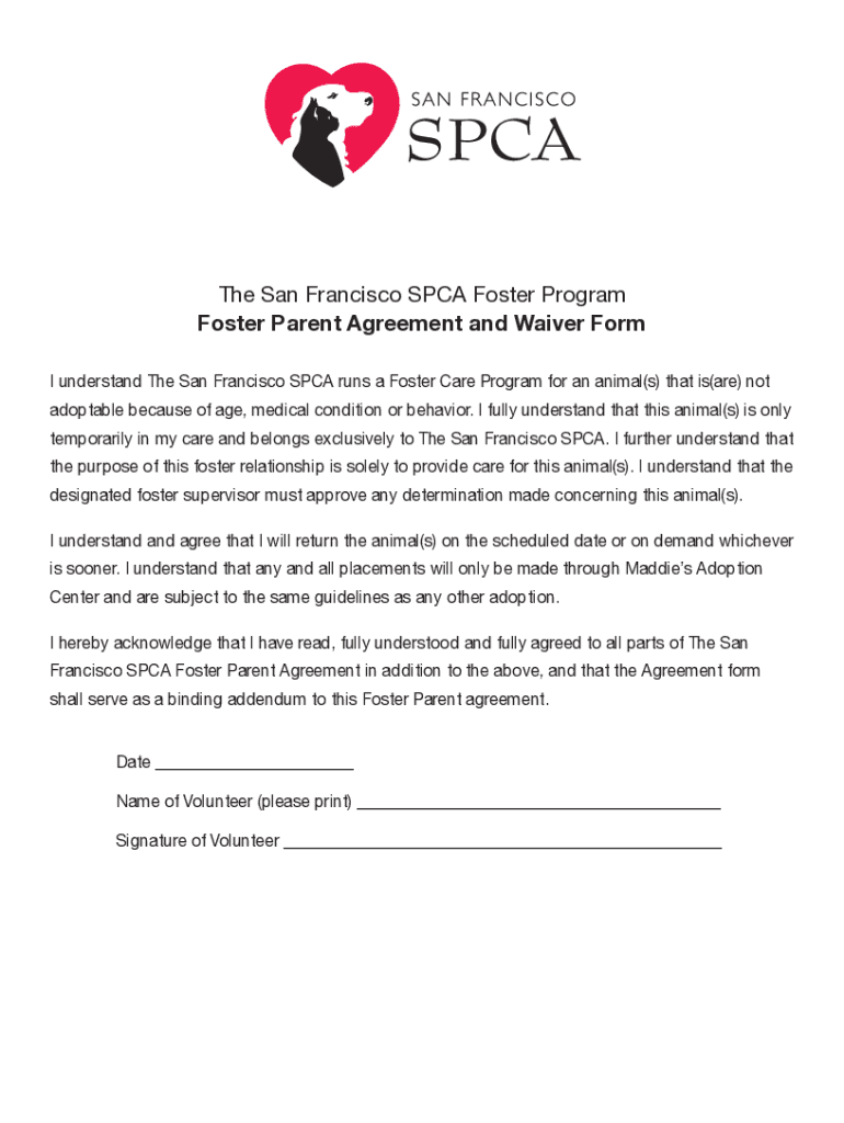 Fillable Online Foster parent agreement and waiver - San Francisco SPCA ...