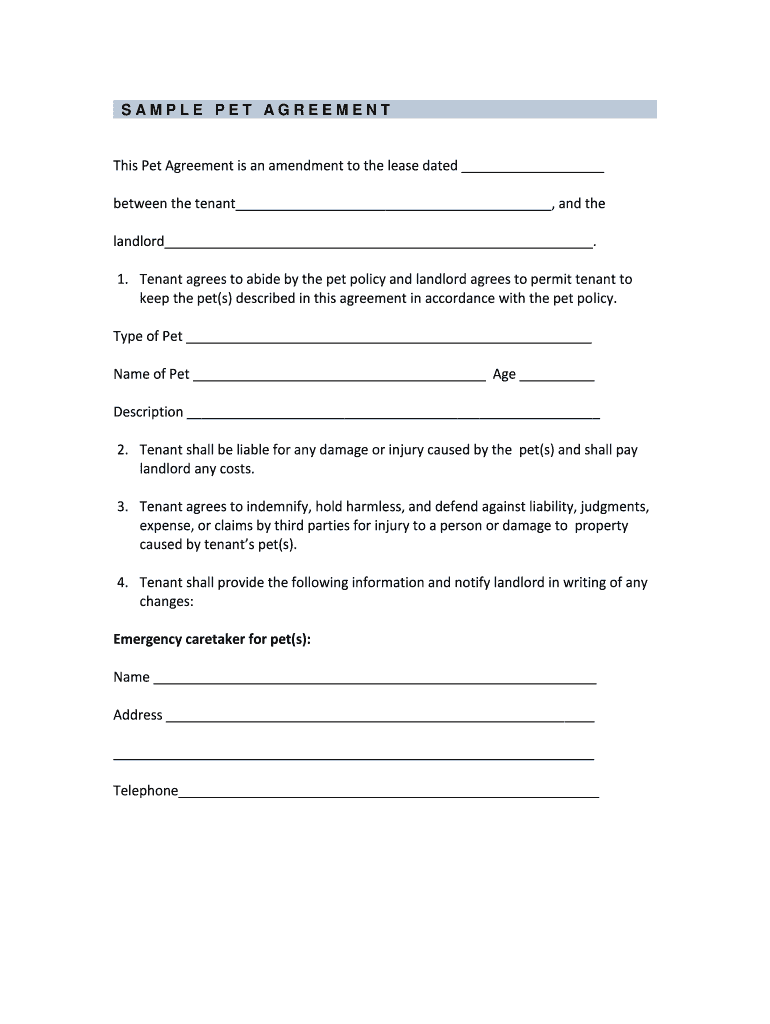 Fillable Online This Pet Agreement is an amendment to the lease dated ...