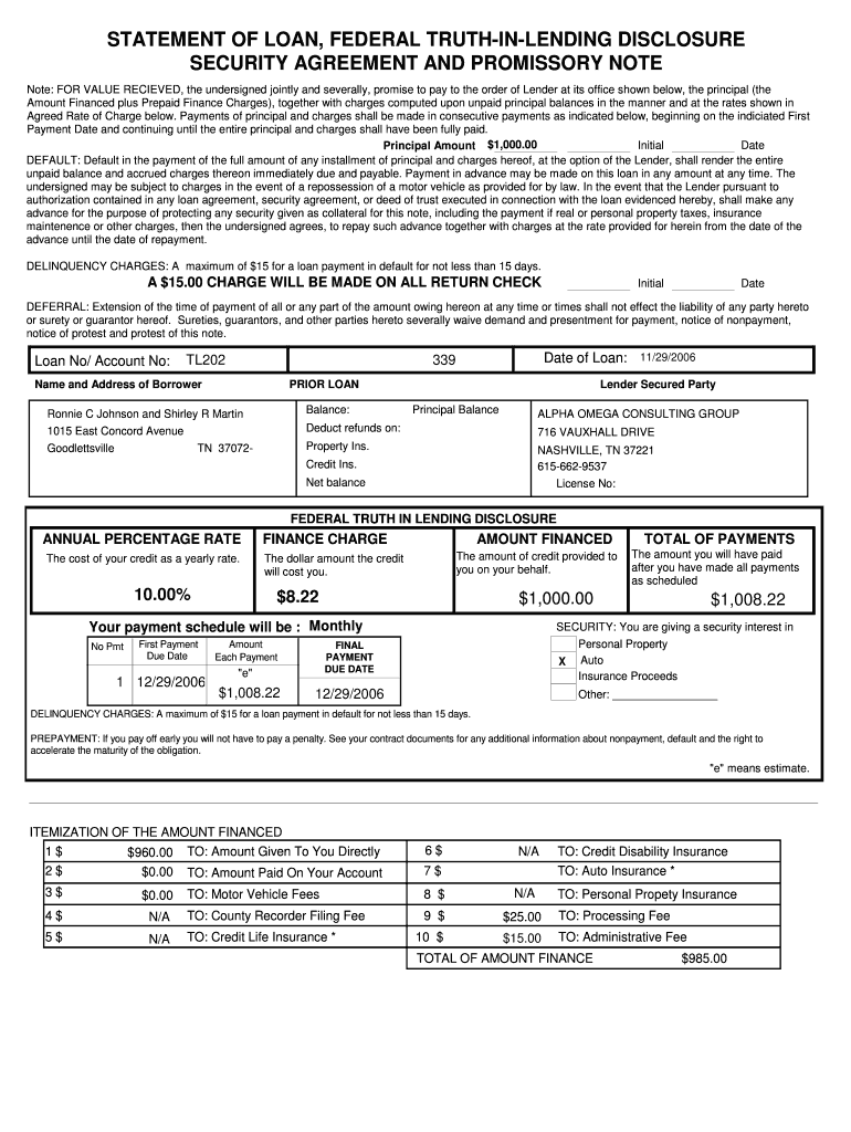 Fillable Online SECURITY AGREEMENT AND PROMISSORY NOTE Fax Email Print ...