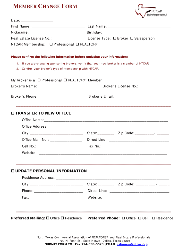 Fillable Online ntcar Member change form - Ntcar Fax Email Print ...