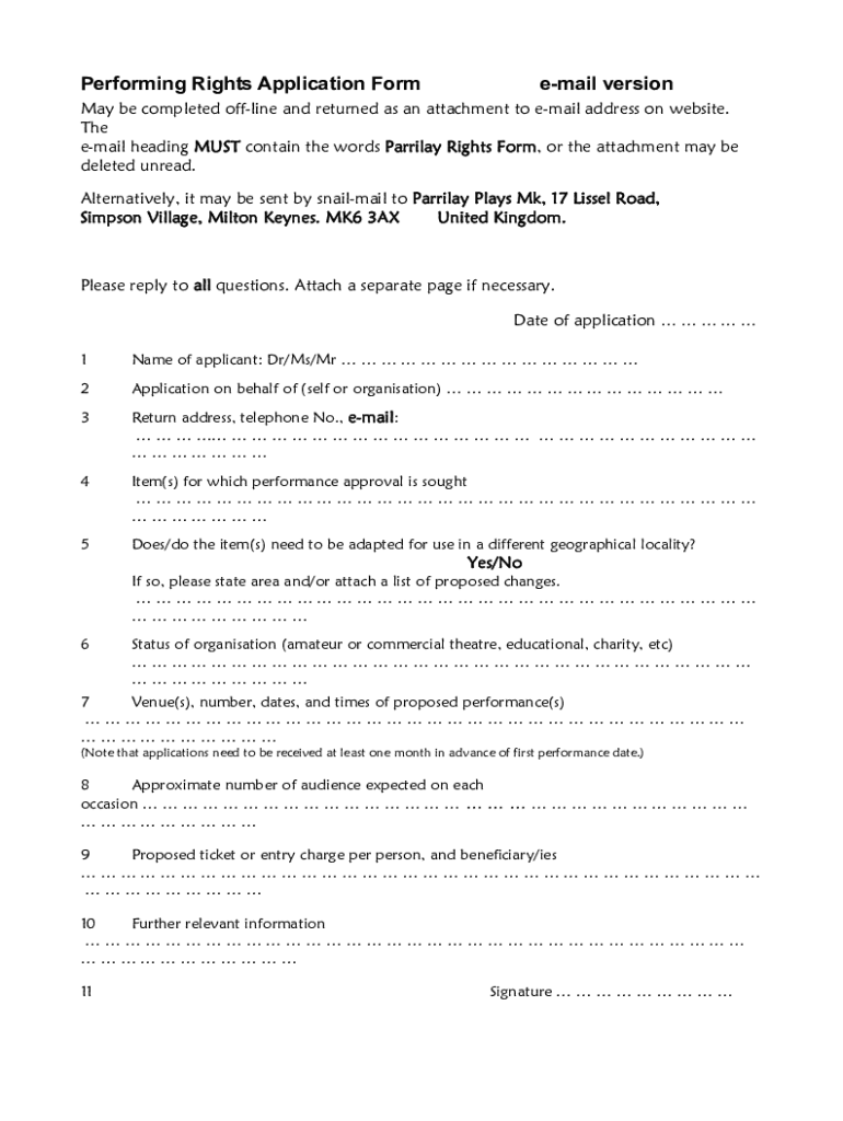 Fillable Online Performing Rights Application Form e-mail version Fax ...