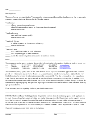 Fillable Online Date Dear Applicant: Thank you for your recent ...