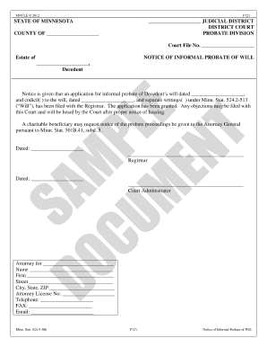 Fillable Online minncle Notice Of Informal Probate Of Will - minncle ...