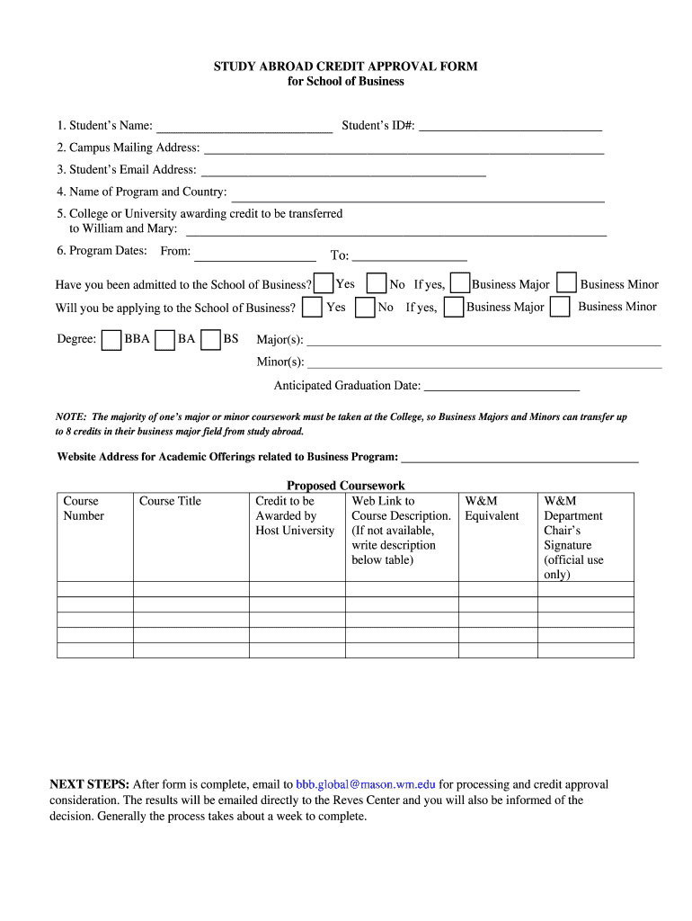 Fillable Online mason wm STUDY ABROAD CREDIT APPROVAL FORM for School ...