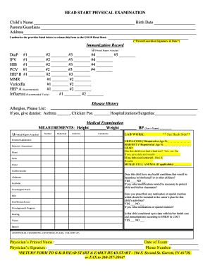 Fillable Online gkbheadstart HEAD START PHYSICAL EXAMINATION Child39s ...