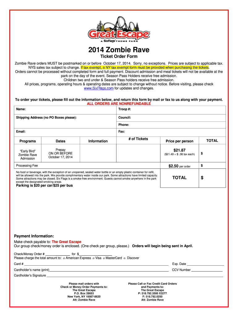 Fillable Online 2014 Zombie Rave - Six Flags Fax Email Print - pdfFiller