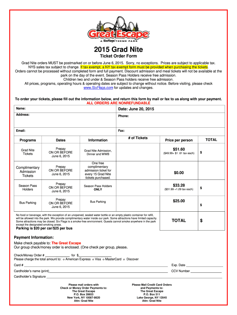 Fillable Online Grad Nite Order Form - Six Flags Fax Email Print ...