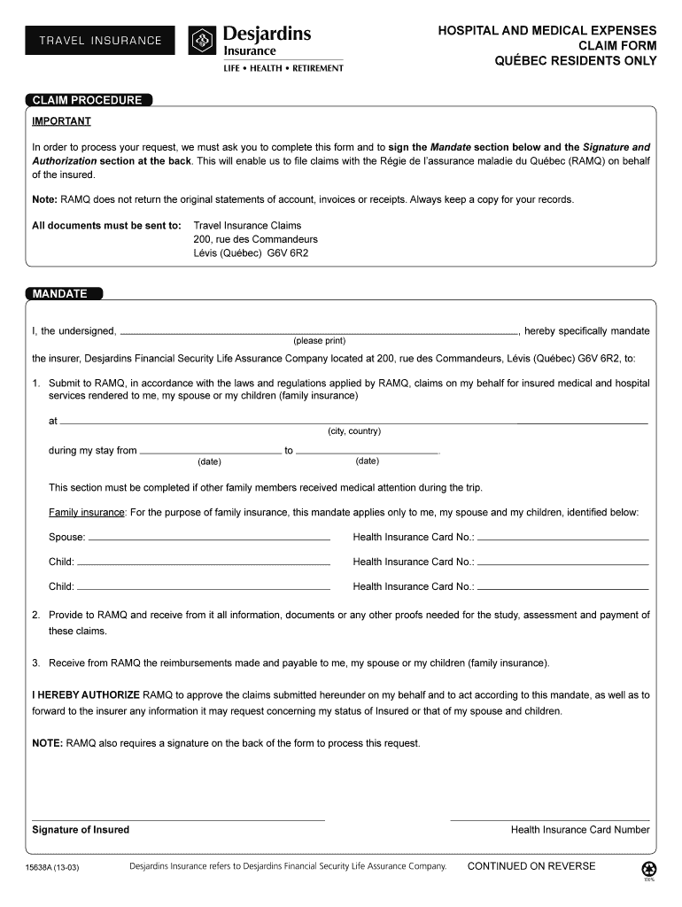Fillable Online Hospital and medical expenses claim form - Desjardins Life Insurance Fax Email ...