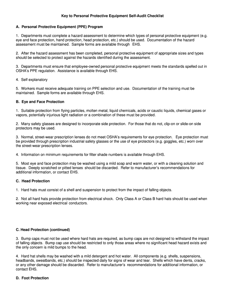 Fillable Online Key to Personal Protective Equipment Self-Audit ...