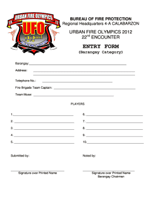 Fillable Online ENTRY FORM (Barangay Category) - BFP Region 4A ... Fax ...