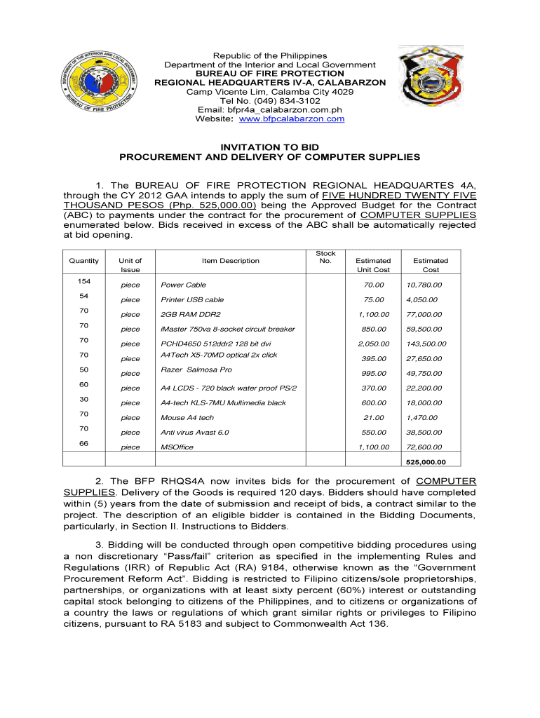 Fillable Online 2012 Upgrading of Computers - BFP Region 4A Fax Email ...