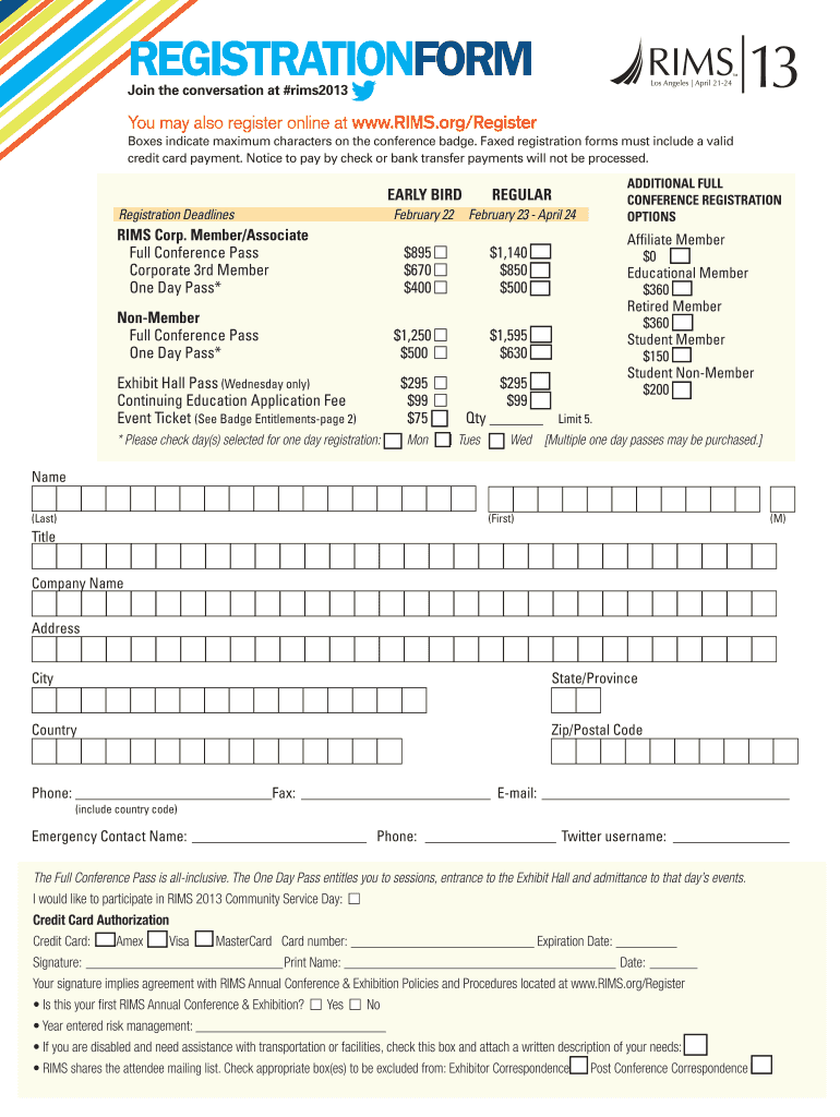 Fillable Online rims 13 Registration Form - RIMS Fax Email Print ...
