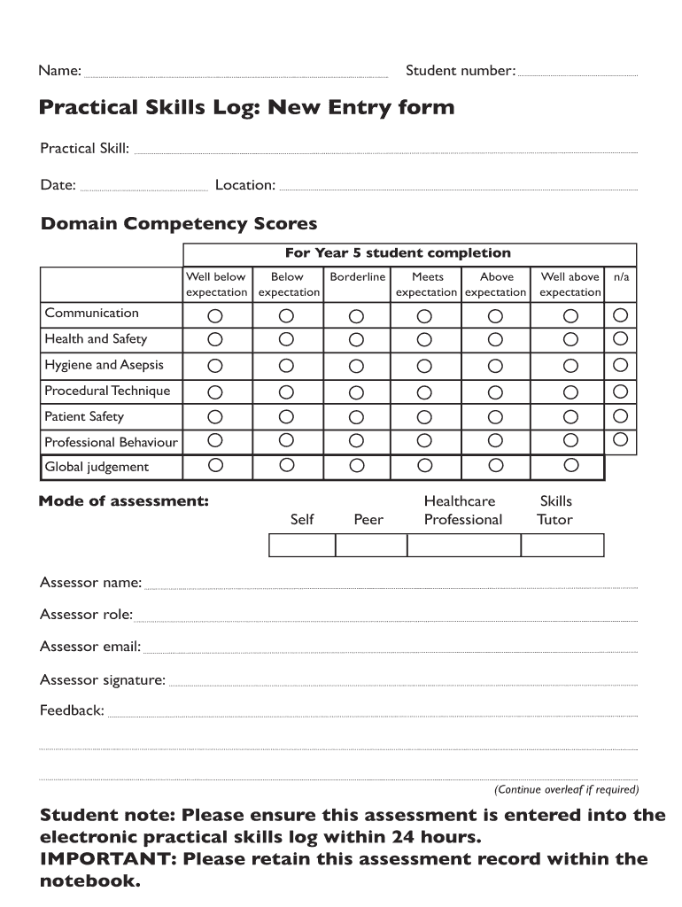 Fillable Online learningcentral cf ac Practical Skills Log: New Entry ...