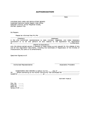 Fillable Online AUTHORIZATION Date HOUSING AND LAND USE REGULATORY ...