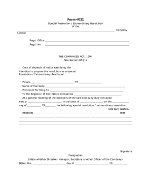 Fillable Online Form-VIII Special Resolution / Extraordinary Resolution ...
