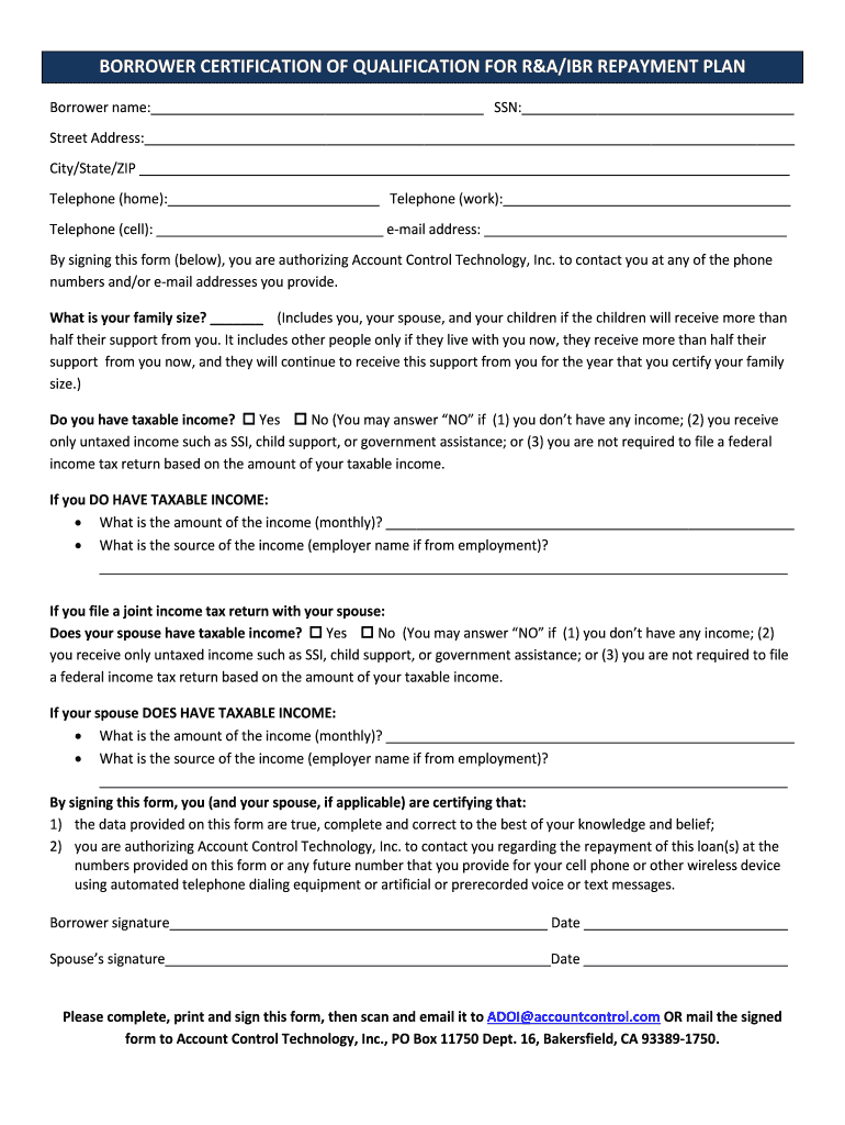 Fillable Online Borrower certification of qualification for r&a/ibr ...