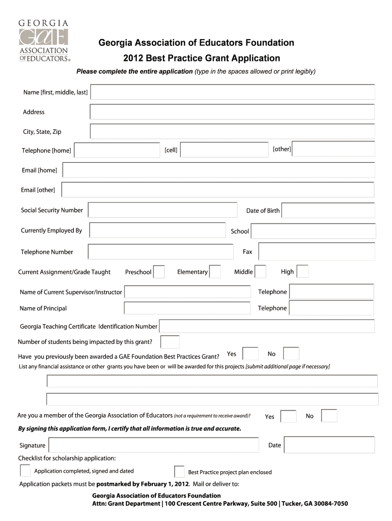 Fillable Online Georgia Association of Educators Foundation 2012 Best Practice Grant Application ...
