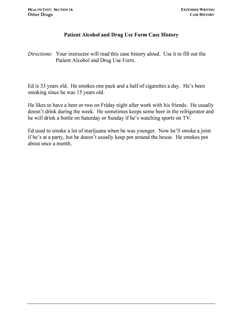 Fillable Online Patient Alcohol and Drug Use Form Case History ...
