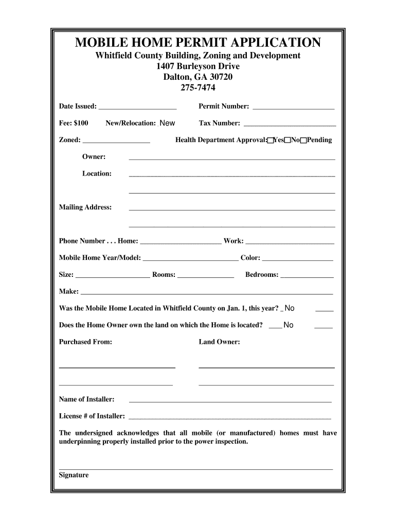 Fillable Online Mobile home permit bapplicationb - Whitfield County Georgia Fax Email Print ...