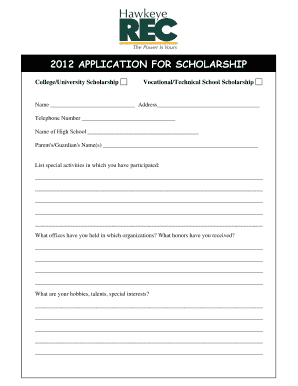 Fillable Online 2012 APPLICATION FOR SCHOLARSHIP College/University Scholarship Vocational ...